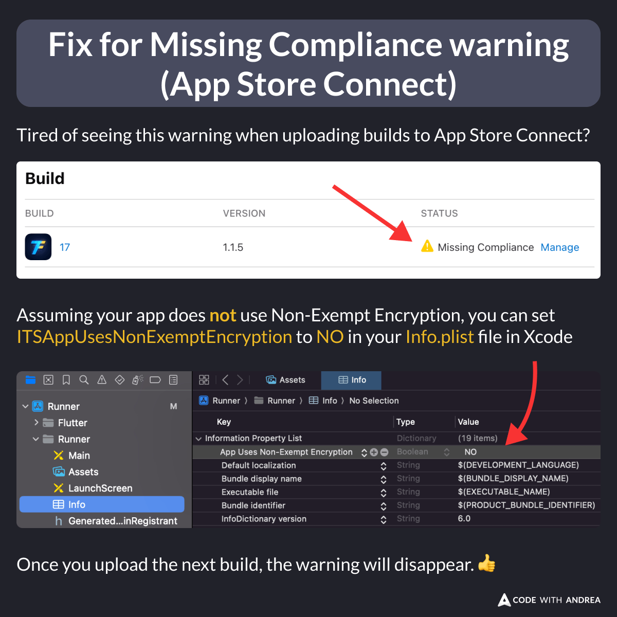 Fix for Missing Compliance Warning in App Store Connect